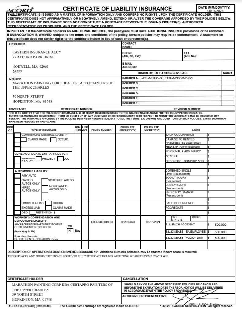 Certificates of Insurance - Insured Painting Company